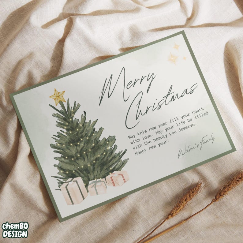 Merry Christmas Card Printable, Christmas Tree Illustration Card ...