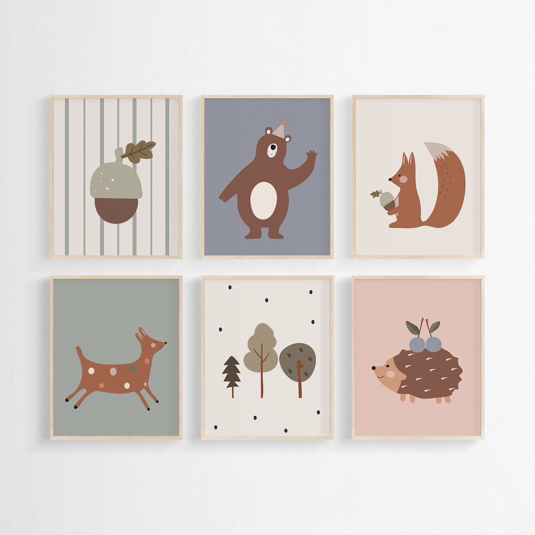 Woodland Animals Nursery Wall Art - Set of 6: Acorn, Bear, Squirrel ...