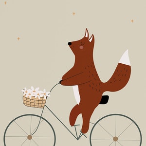 Kids Room Fox Print, Fox on the Bike, Daisy Flower, Cheerful Design ...