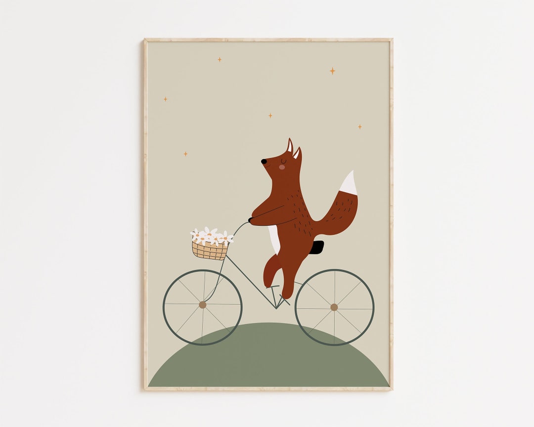 Kids Room Fox Print, Fox on the Bike, Daisy Flower, Cheerful Design ...