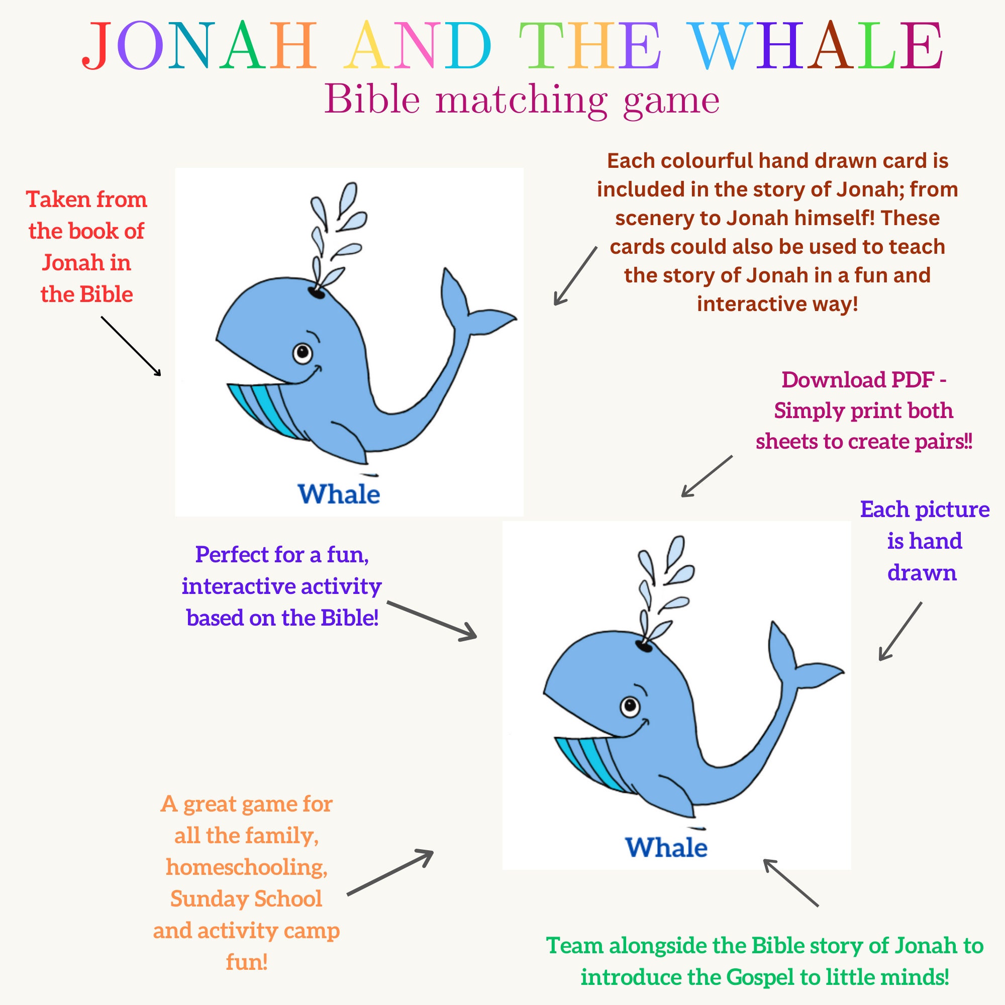 Jonah and the Whale Matching Game Printable, Biblical Activities ...