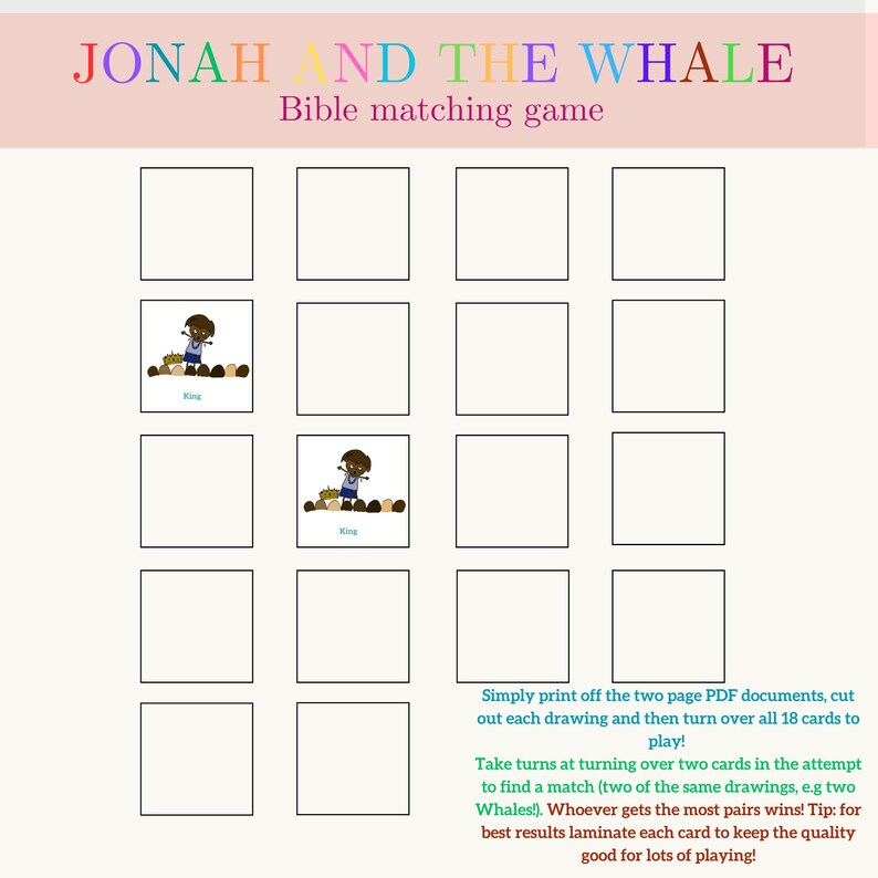 Jonah and the Whale Matching Game Printable, Biblical Activities ...
