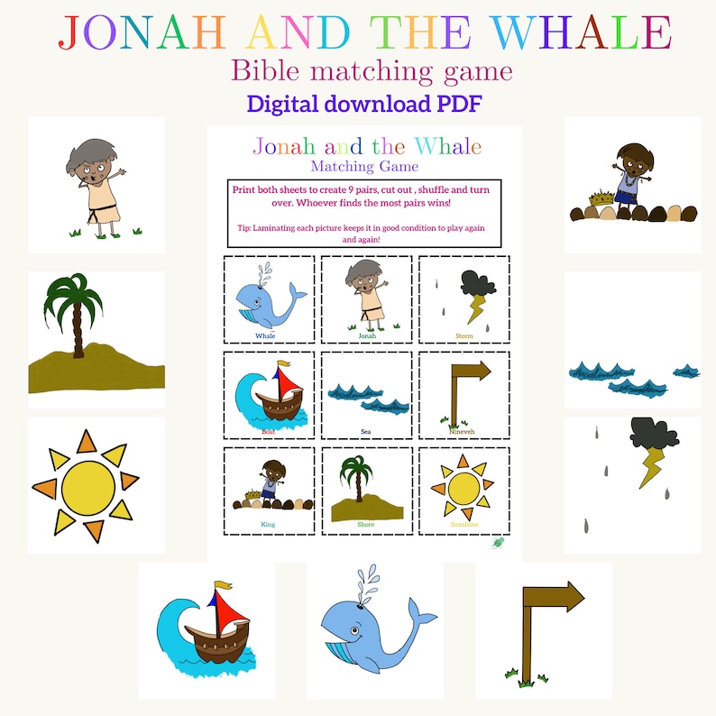 Jonah and the Whale Matching Game Printable, Biblical Activities ...