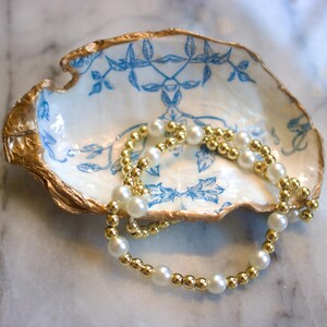 Light Blue and White Floral Oyster Shell Ring Dish Oyster Shell Trinket ...