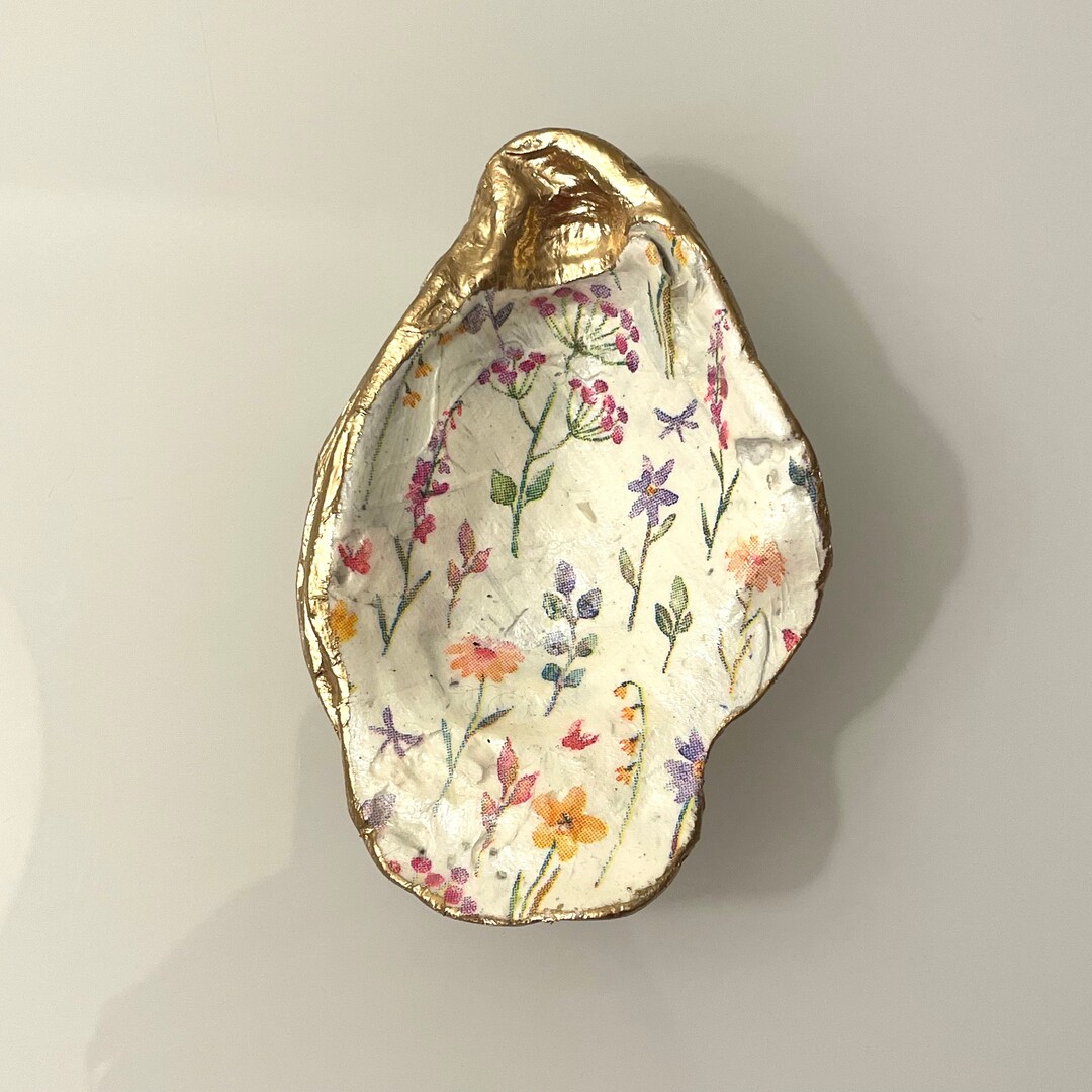 Floral Oyster Shell Ring Dish, Oyster Shell Trinket Dish, Decoupage ...