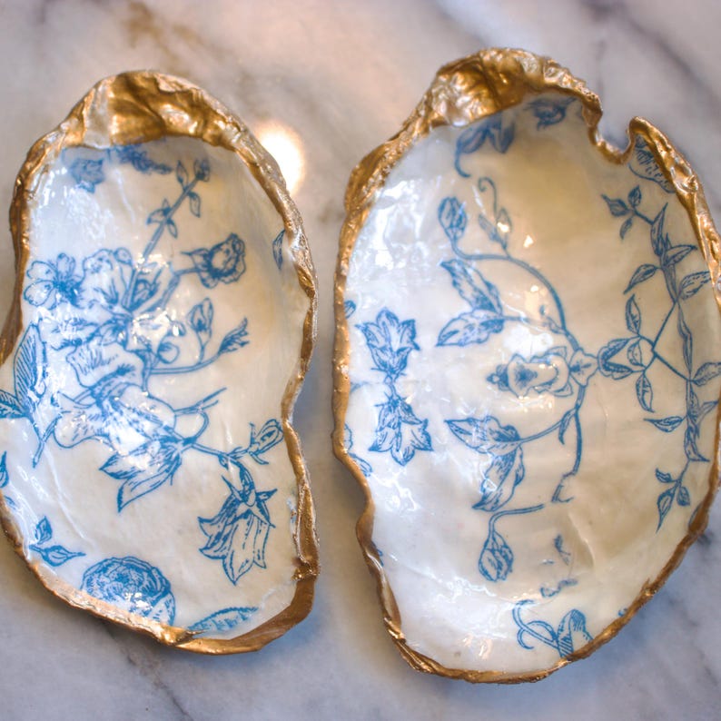 Light Blue and White Floral Oyster Shell Ring Dish Oyster Shell Trinket ...