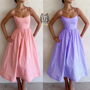 Elegant Summer Dress Without Sleeve Nipped Waist Casual Midi Gown ...