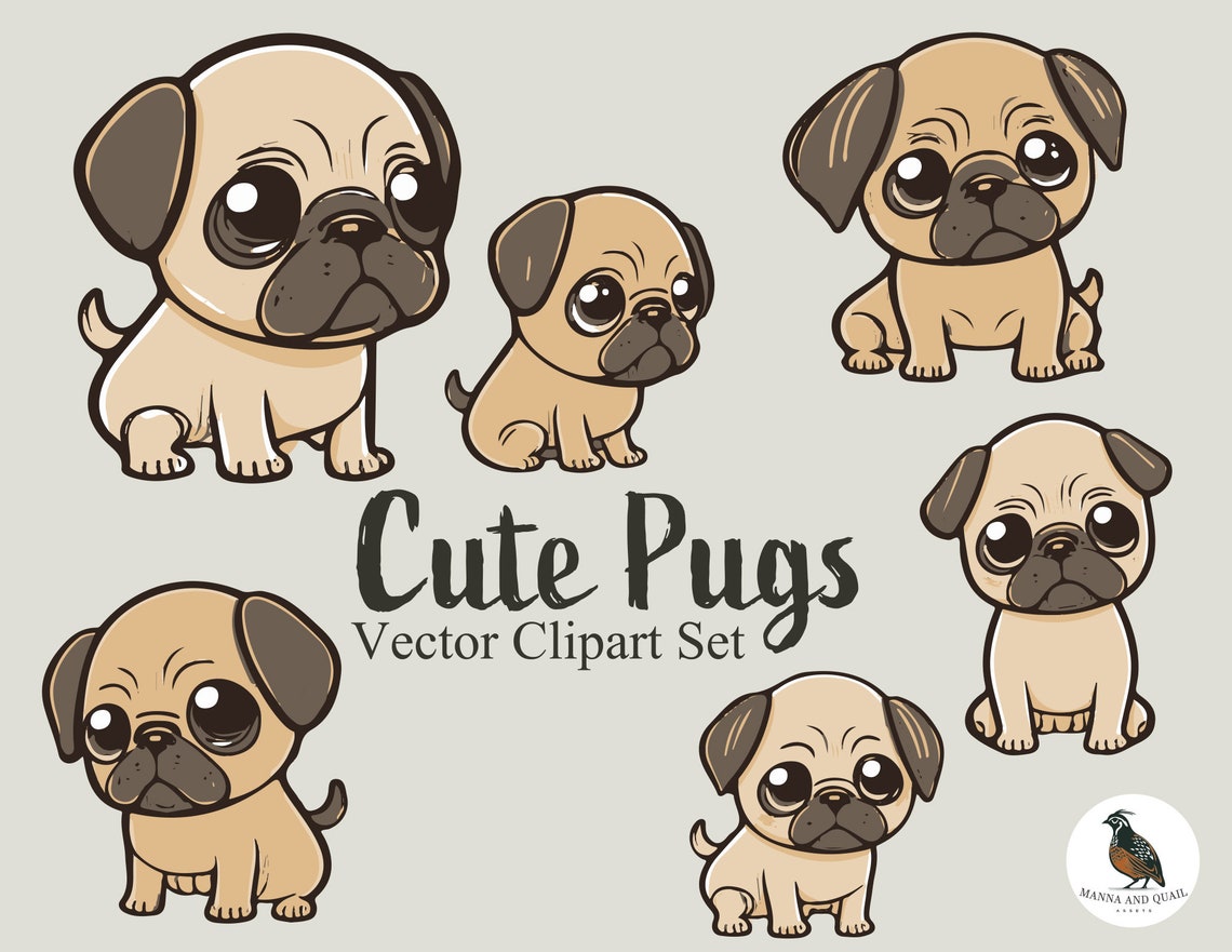 Cute Pugs Clipart | PNG Ai Svg Clipart Sheets | Pug SVG Clipart | Cute ...