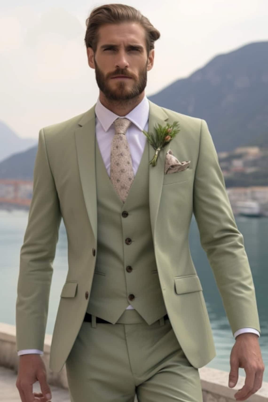 Men Suits Sage Green 3-piece Suit Men's Notch Lapel Premium Business ...