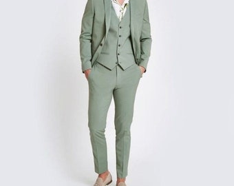 Men Suits Sage Green 3 Piece Slim Fit Elegant Formal Fashion Suits Groom Wedding Suit Party Wear ...