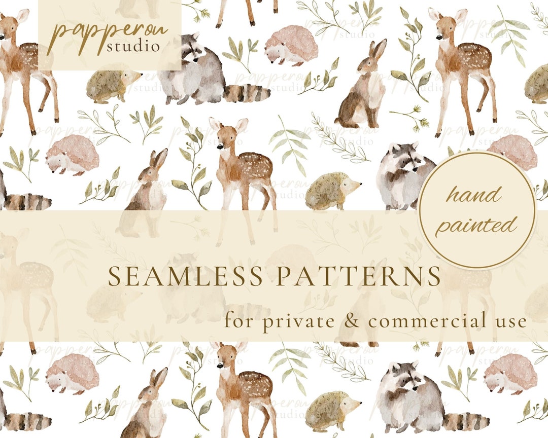 Woodland Animals Seamless Pattern, Watercolor Forest Animals Digital ...