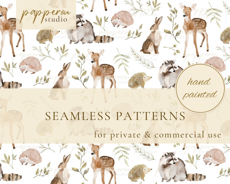 Woodland Animals Seamless Pattern, Watercolor Forest Animals Digital ...