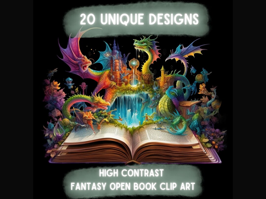 Enchanting Fantasy Open Book Clipart High Contrast Digital Art for ...