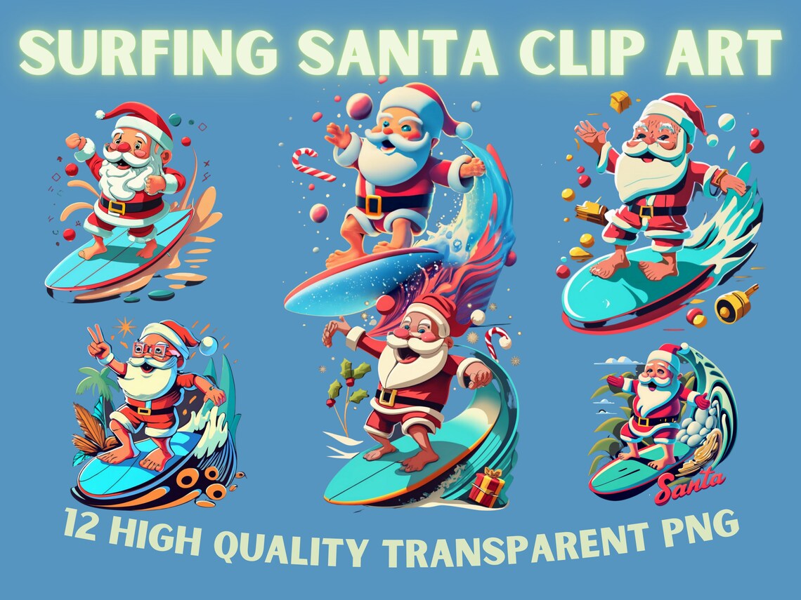Surfing Santa Clipart Beach Holiday PNG Tropical Santa - Etsy