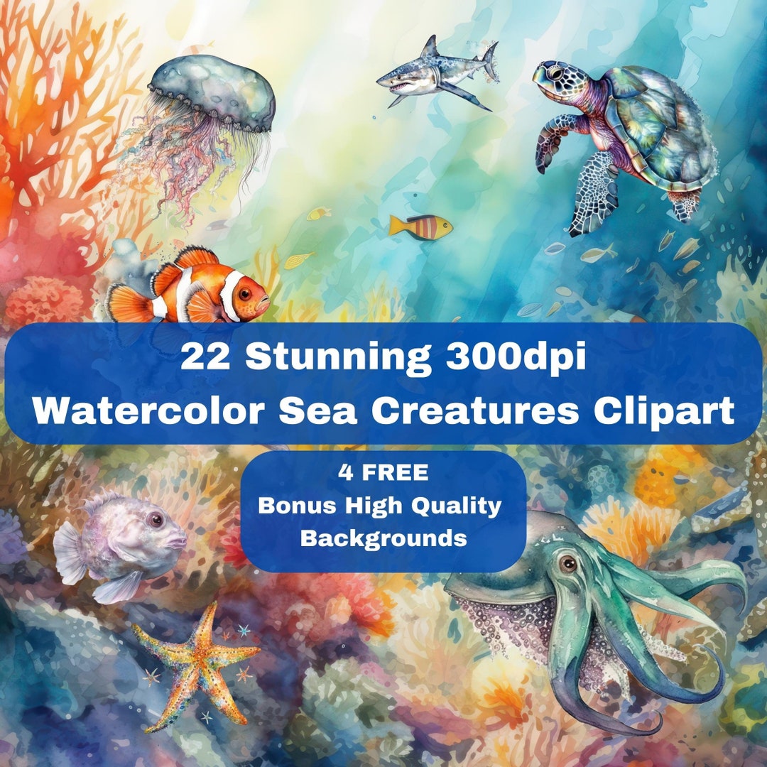 22 Watercolor Sea Creatures Clipart Magical Nursery Decor, PNG, Ocean ...