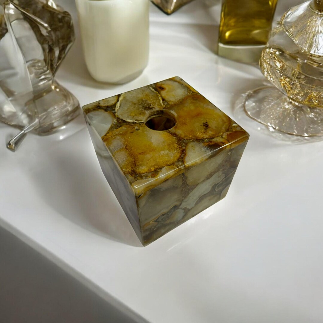 6"x6" Square Agate Tissue Box Holder, Natural Mosaic Gemstone, Bathroom ...