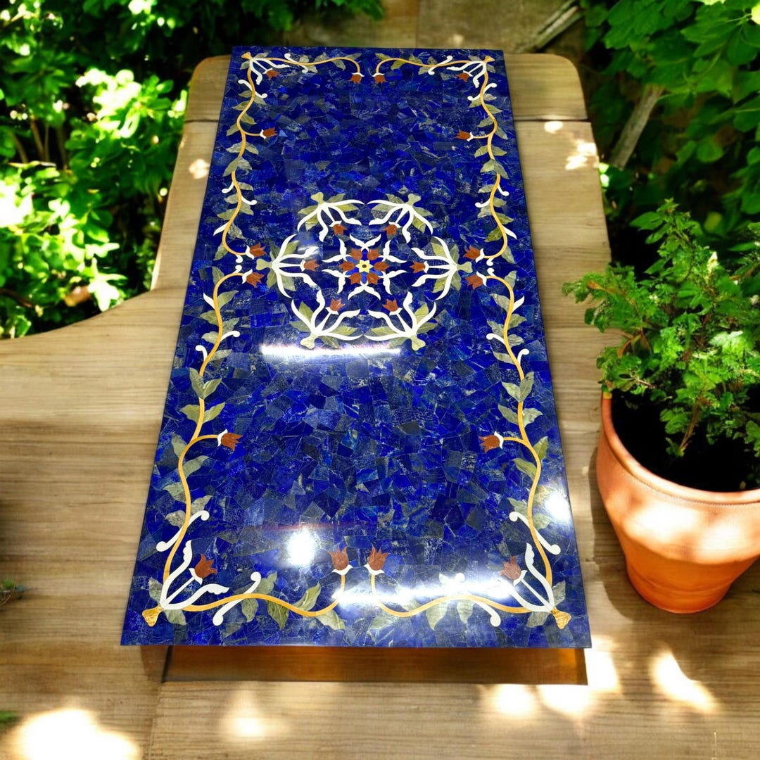 Rectangle Blue Marble Dining Table Marquetry Inlay Arts Hand Painted ...