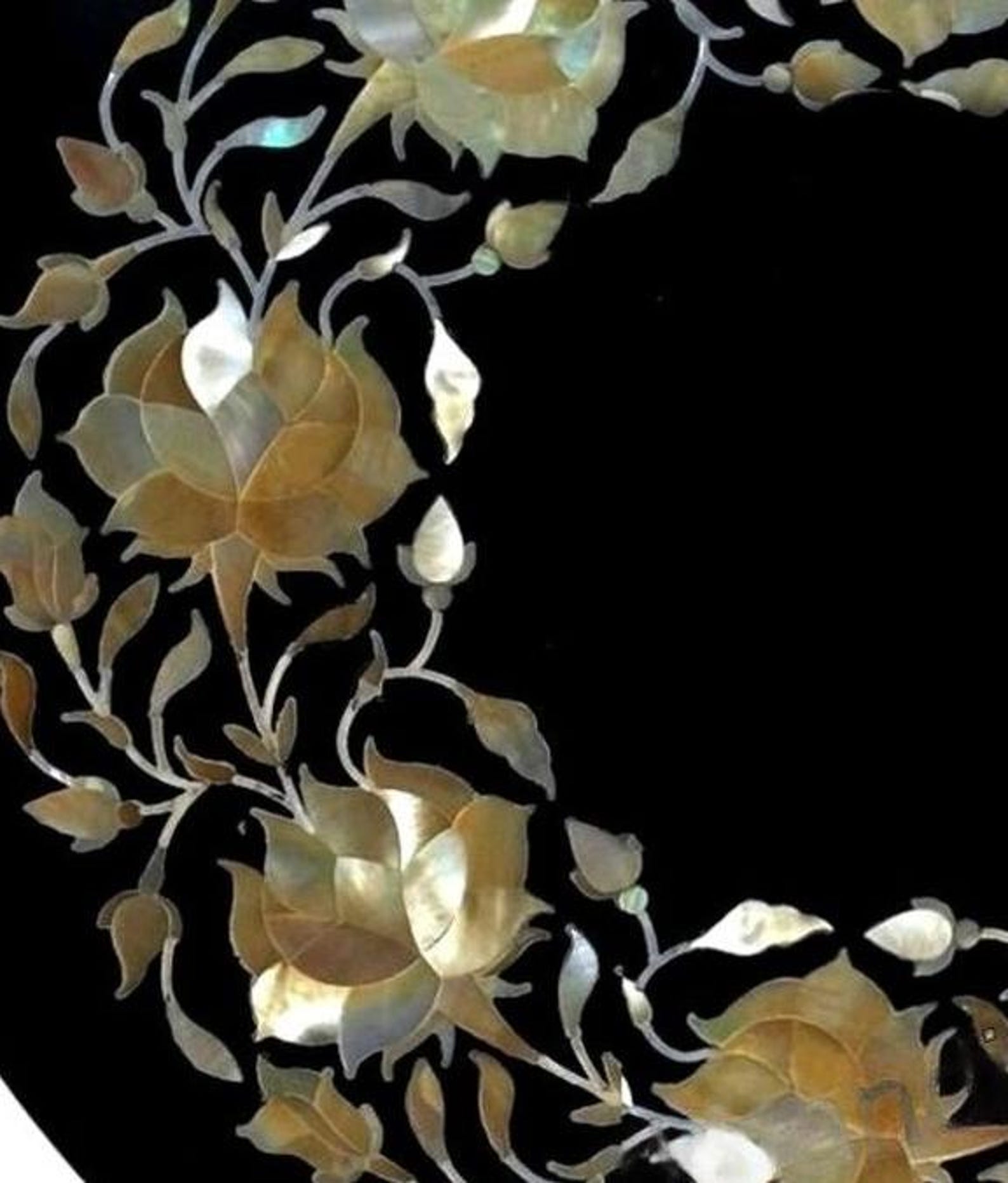 Black Round Inlay Table Top Marble Semi Precious Floral Mop Stone ...