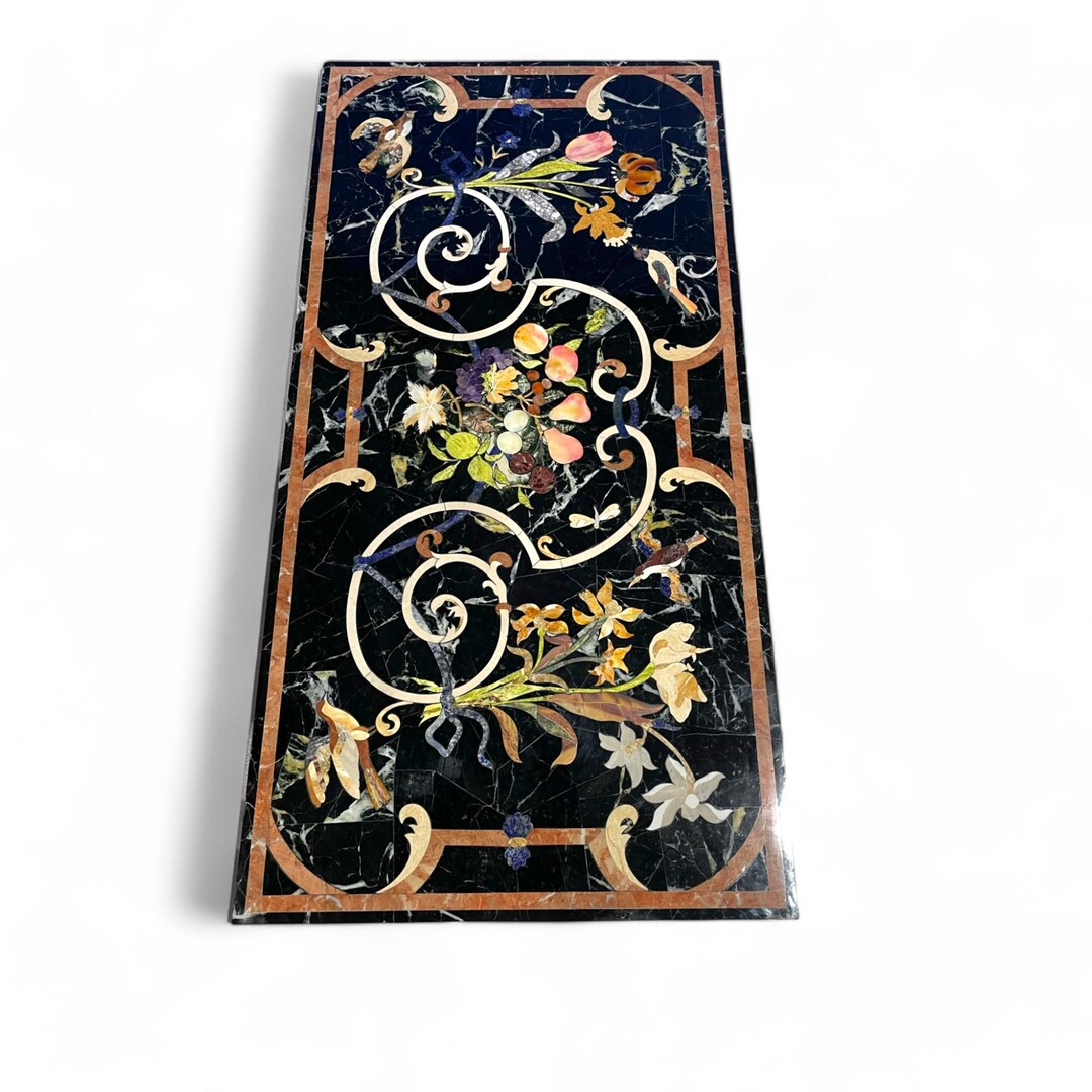 Custom Black Marble Dining Table Semi Precious Inlay Stone Pietradura ...