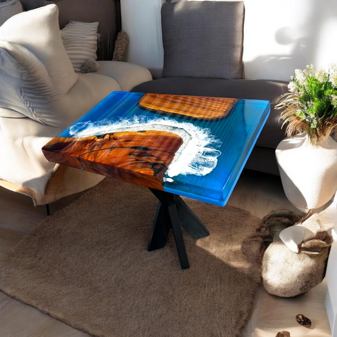 Ocean Wave Epoxy Blue Resin Dining Table Live Edge Natural Acacia Wood ...