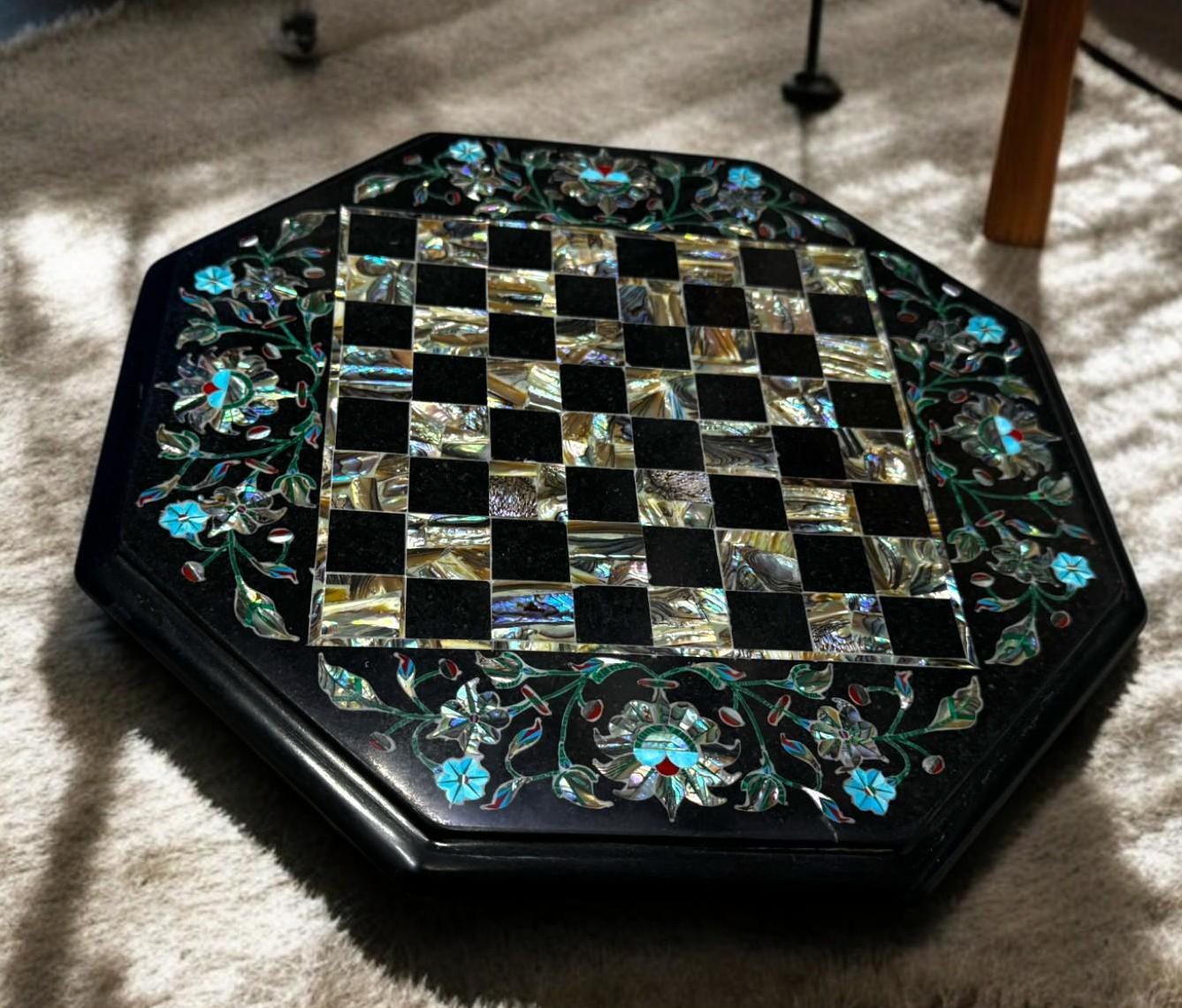 24'' Octagon Black Marble Chess Table Precious Marquetry Inlay Abalone ...