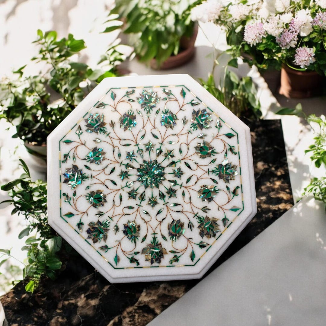 Handmade Octagon White Marble Table Top: Gemstone Inlay Centerpiece - Etsy