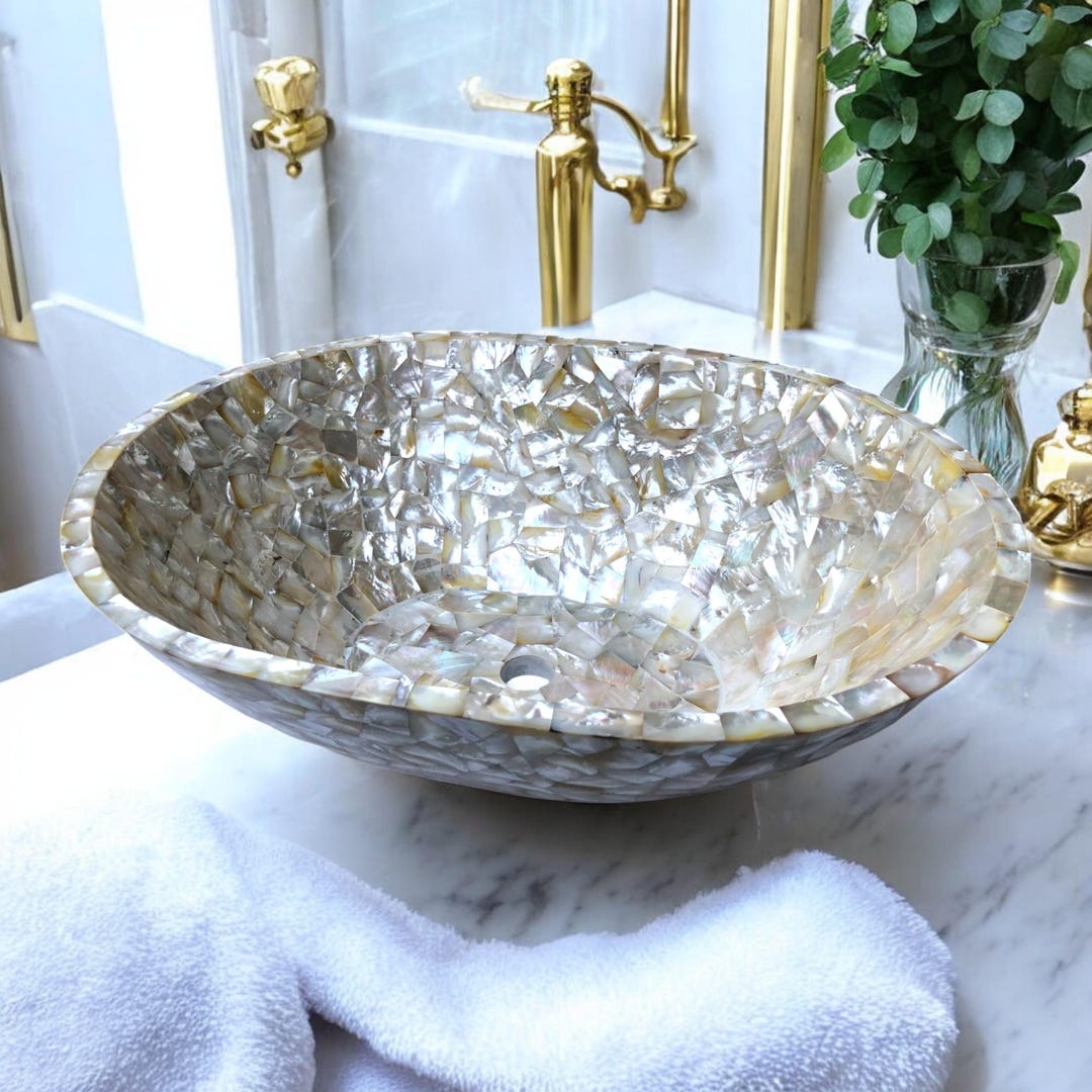 Oval Shape Mother of Pearl Stone Crystal Kitchen Sink Vessel Countertop ...
