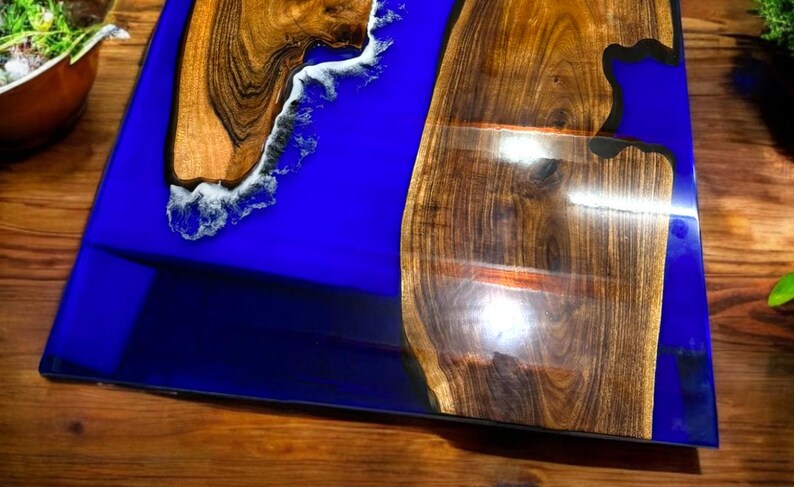 Rectangle Blue Resin Epoxy Dining Table Top Custom Made Live Edge ...