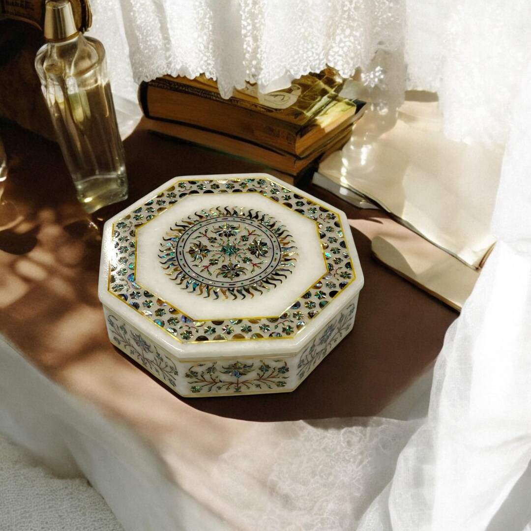 Octagon White Marble Storage Jewelry Box Handmade Artwork With Abalone ...