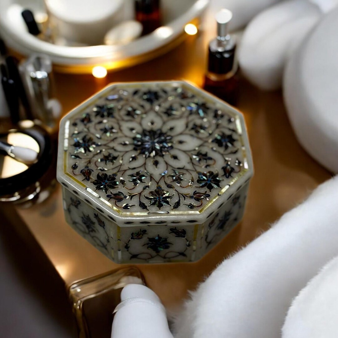 6x6x3 Octagon White Marble Storage Jewelry Box Semi Precious Abalone ...