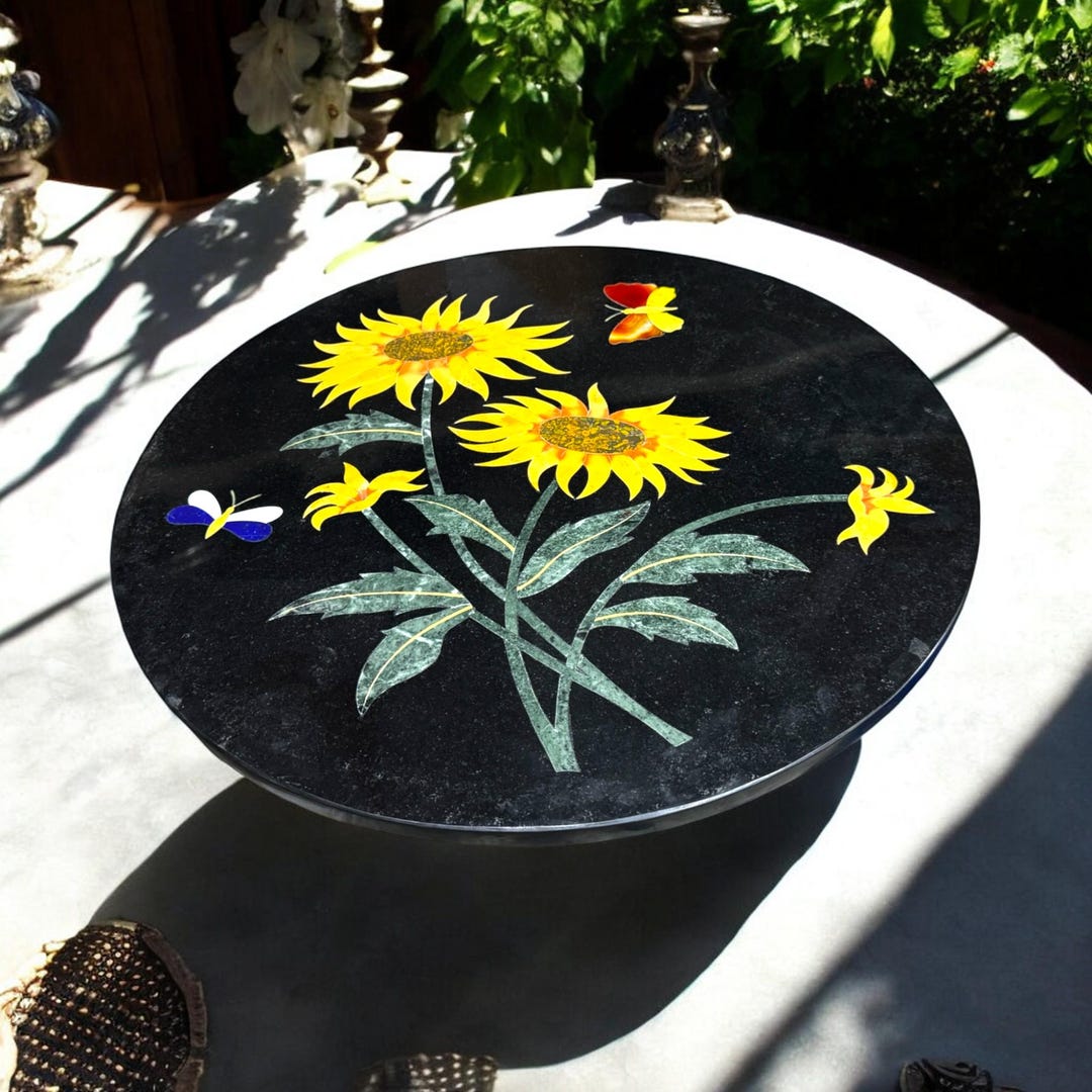 Round Black Marble Coffee Table Top Sun Flower Design Precious Inlay Stone Hand Crafted Garden ...