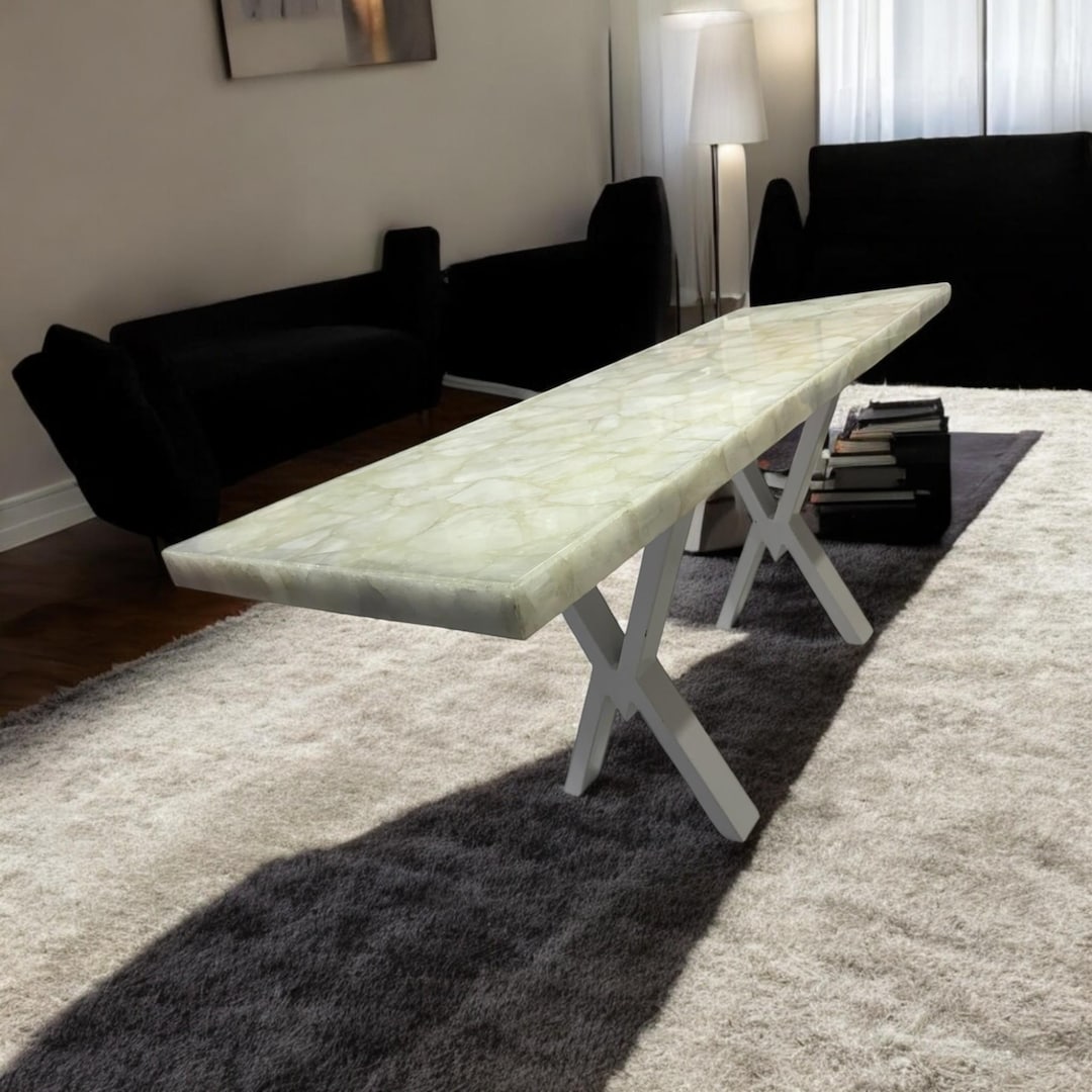 White Quartz Dining Table With Iron Legs Healing Crystal Gemstone ...