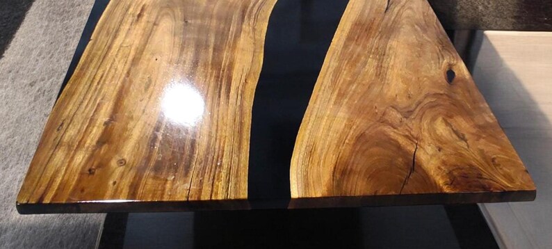Rectangle Black Epoxy Resin Dining Table With Iron Legs Live Edge ...