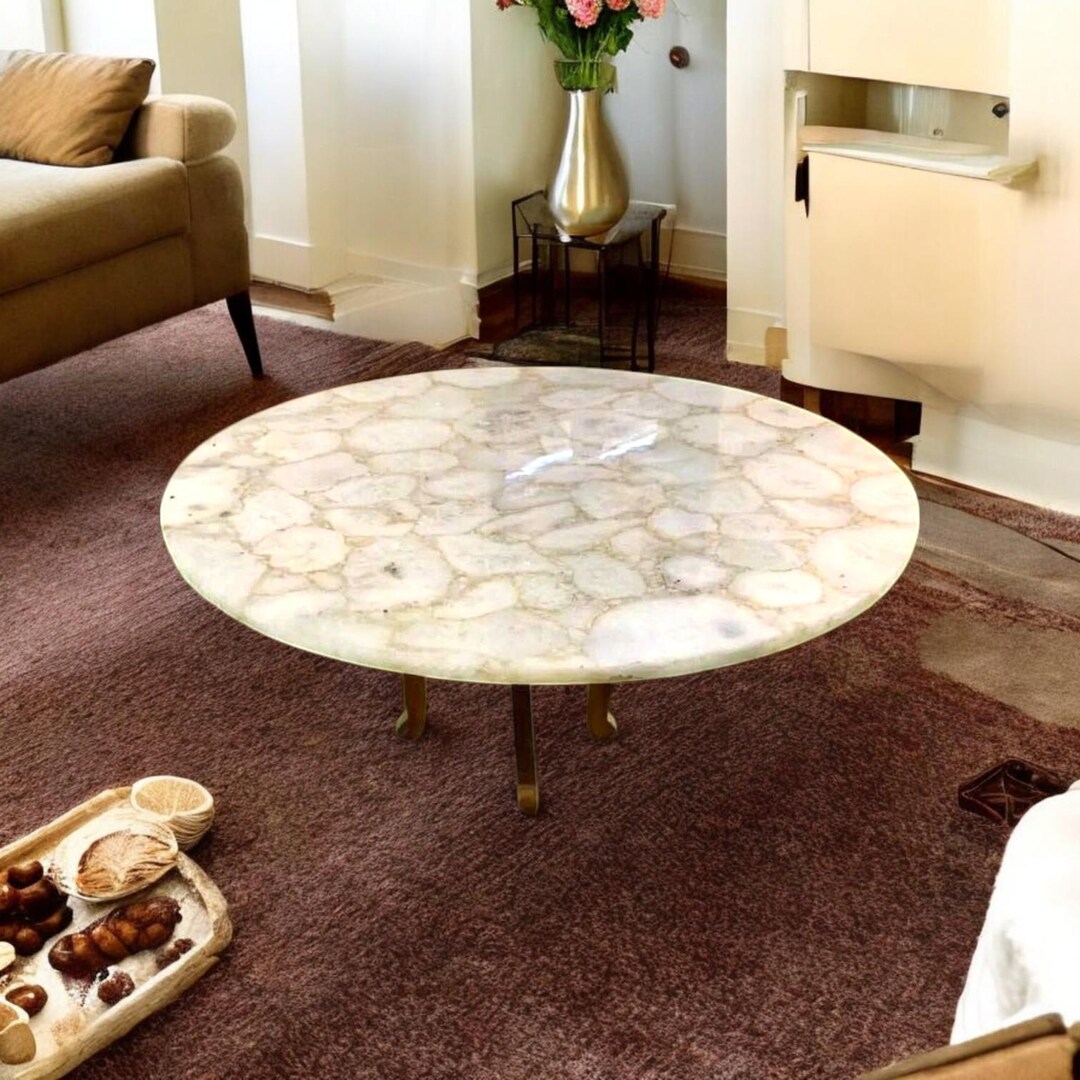 White Agate Round Table for Patio Decorative Luxury Stone Coffee Top ...