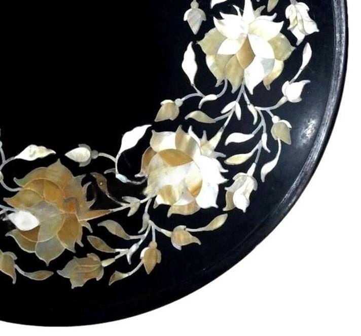 Black Round Inlay Table Top Marble Semi Precious Floral Mop Stone ...