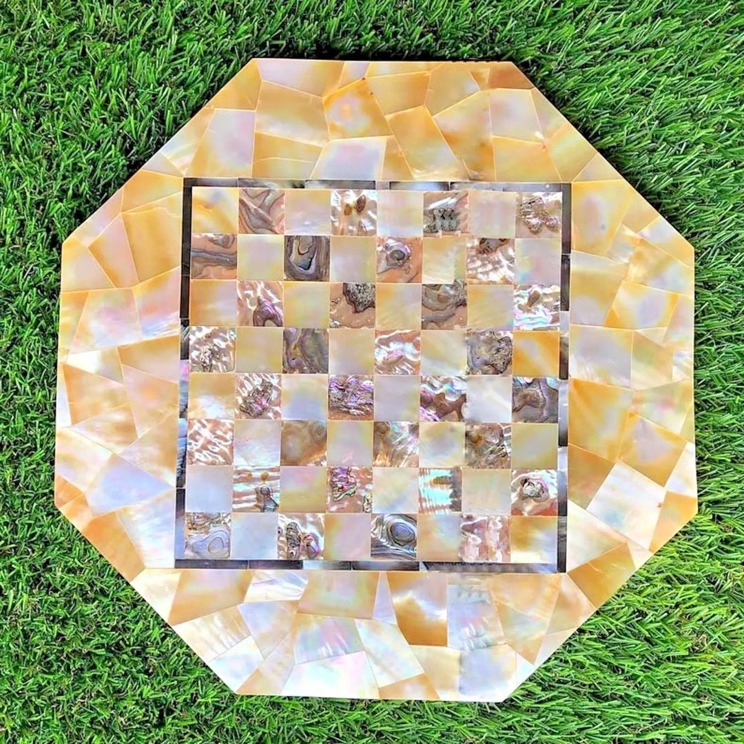 12" Octagon Marble Chess Set Board Unique Golden Mother of Pearl Inlaid ...