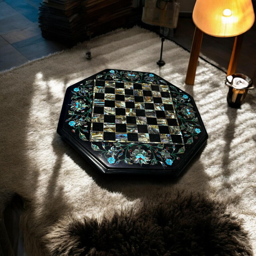 24'' Octagon Black Marble Chess Table Precious Marquetry Inlay Abalone ...