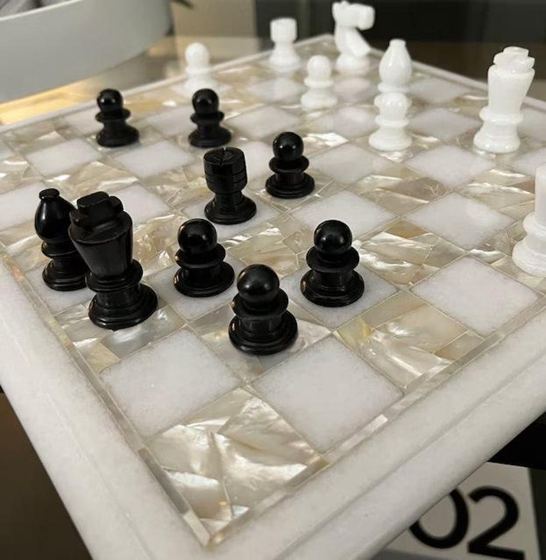 White Marble Chess Set With Chess Pieces Beautiful Mother of Pearl ...