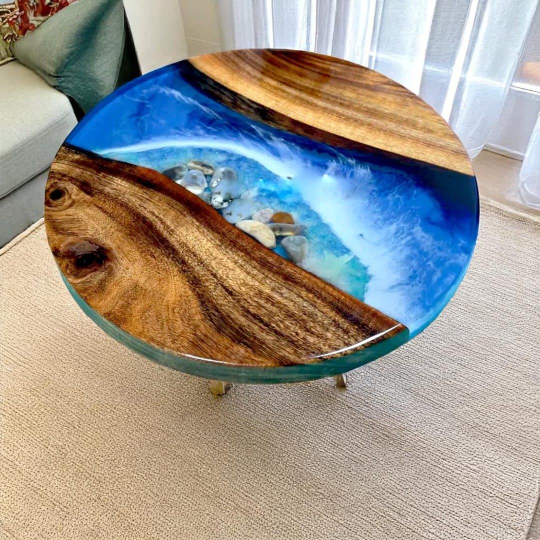 Round Ocean Epoxy Resin Center Table Top Handmade Arts With Iron Legs ...