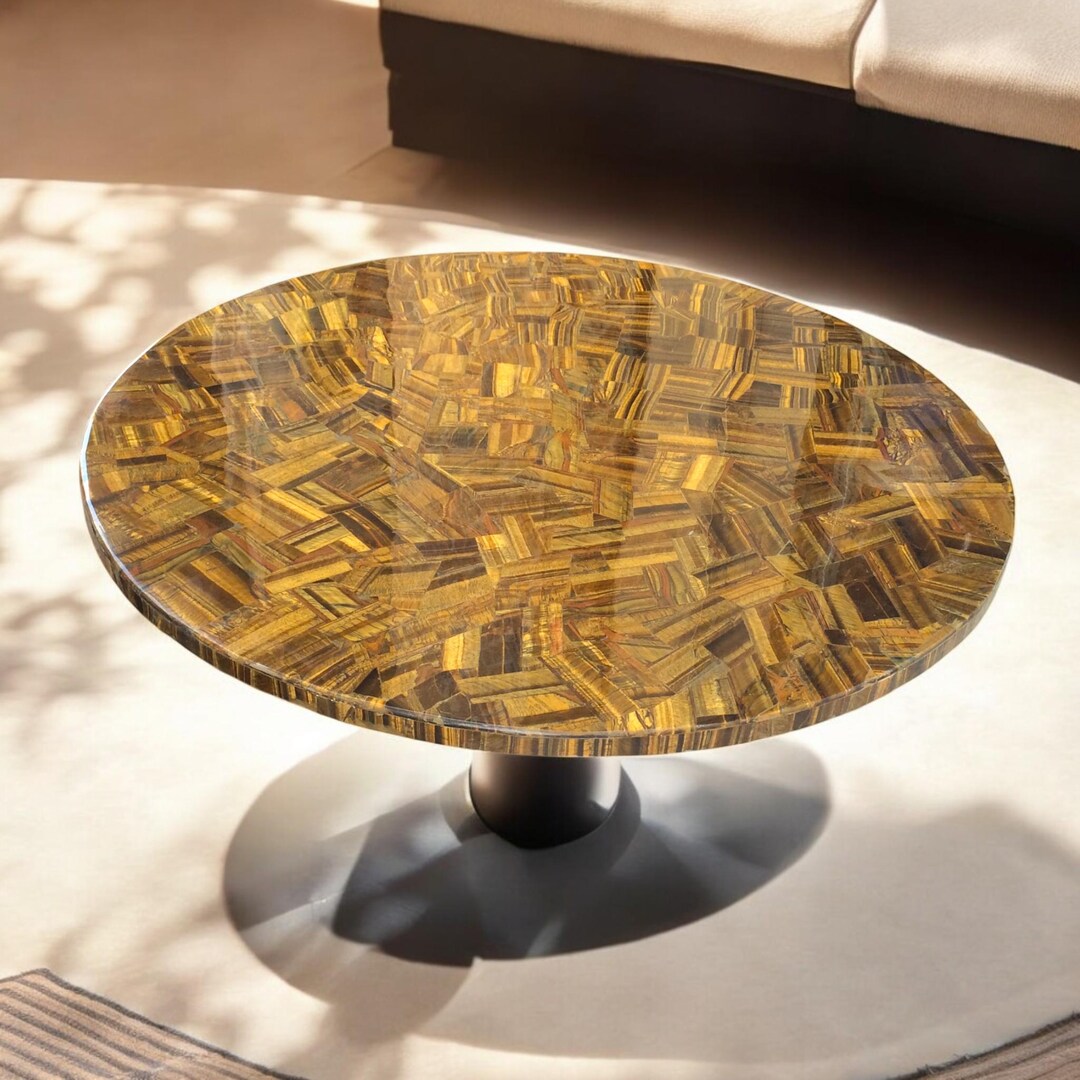 Custom Tiger Eye Coffee Table: Round Gemstone Inlay Centerpiece - Etsy