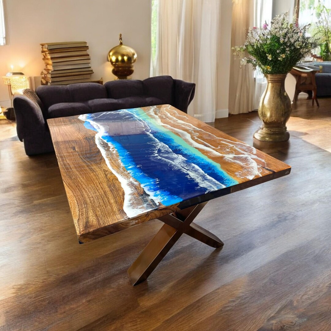 Ocean Wave Epoxy Blue Resin Dining Table Handmade River Countertop With ...