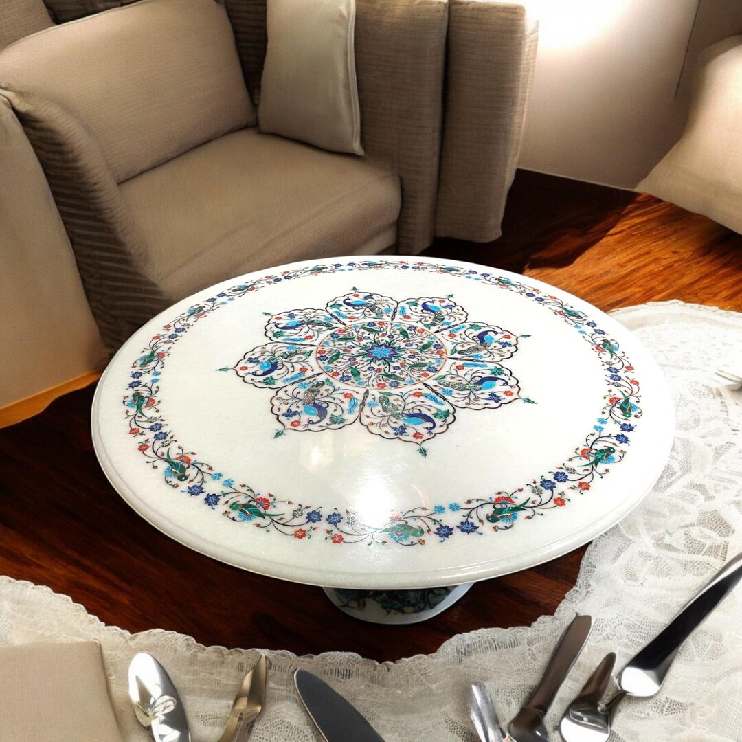 White Marble Round Coffee Table Semi Precious Marquetry Art Console Bar ...