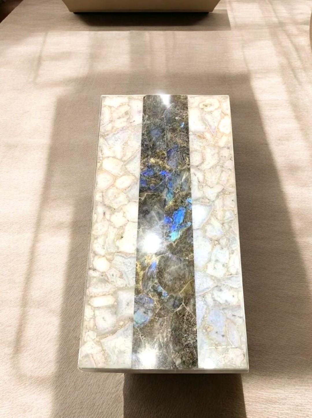 Rectangular Custom Dining Table Top Natural White & Labradorite ...
