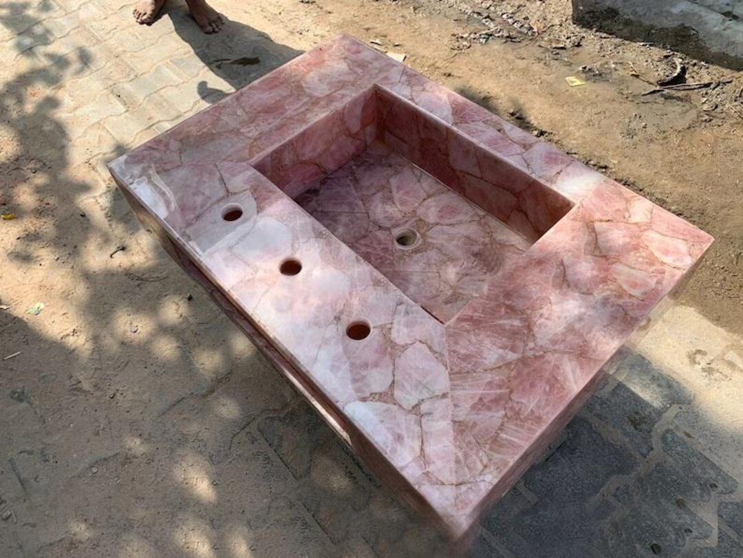 Bathroom Wash Basin Sink Natural Pink Rose Quartz Semi Precious Stone ...