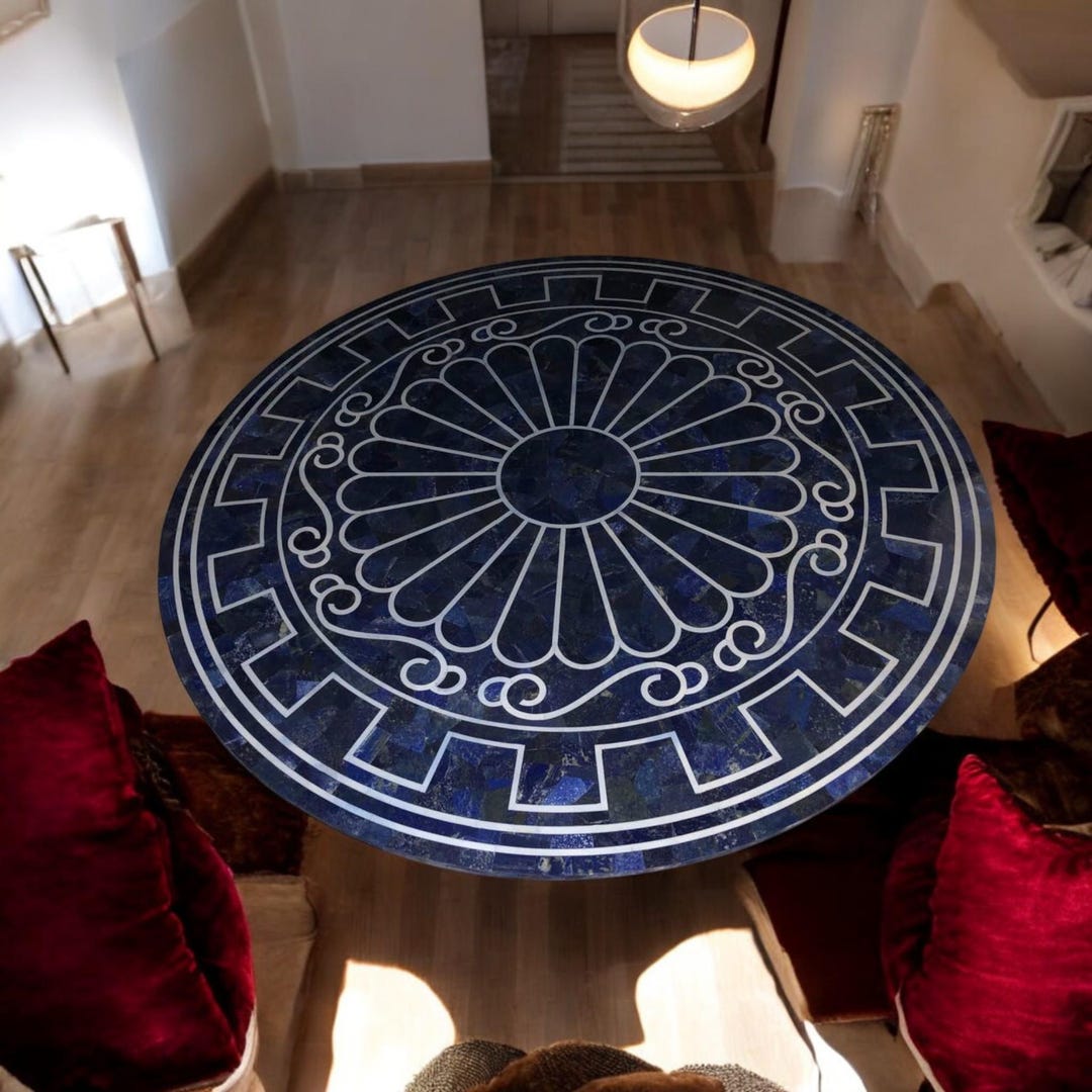 Round Blue Marble Coffee Table Top Lapis Lazuli Gemstone Handmade Art ...
