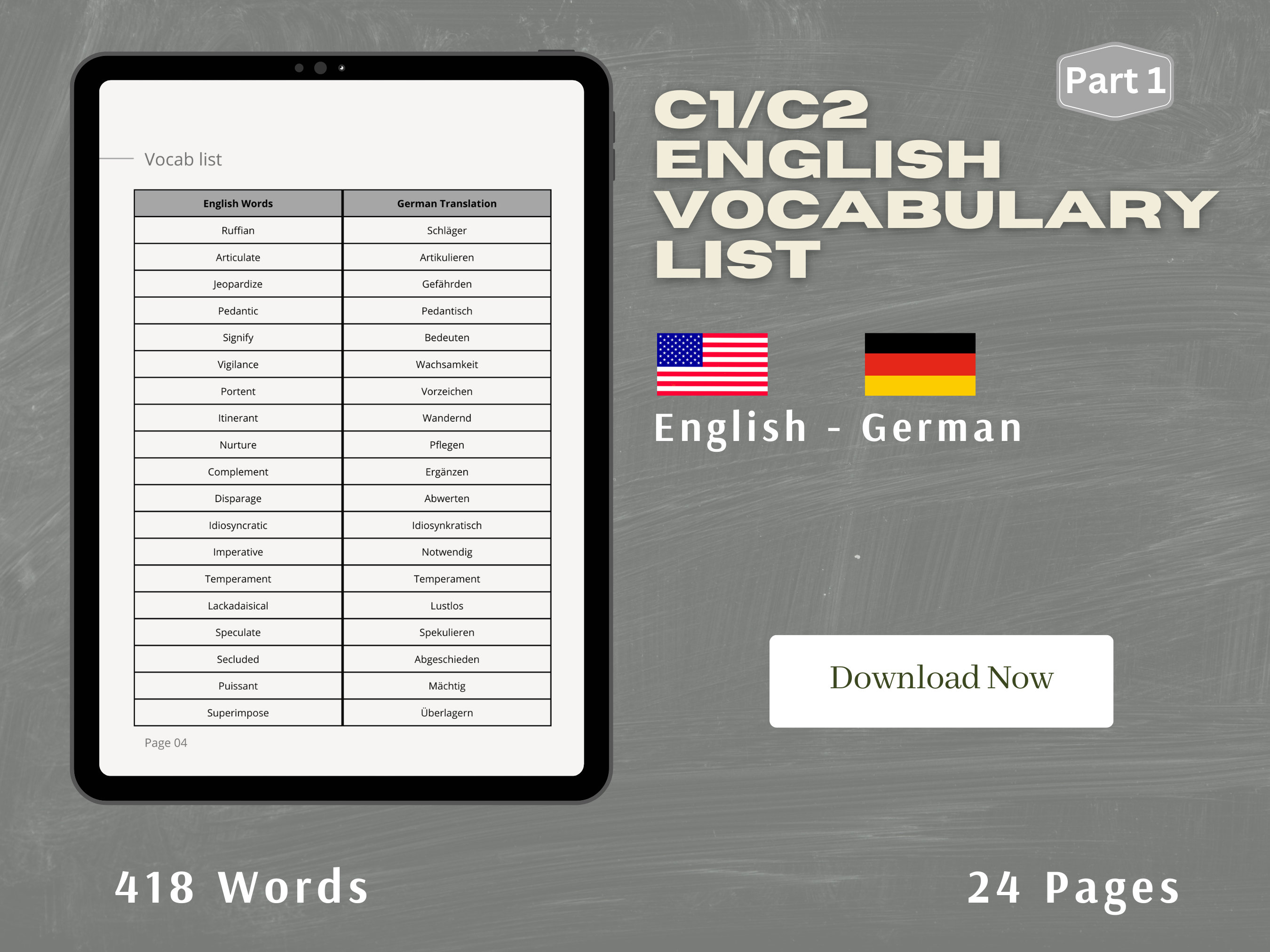 C1/C2 English/german Vocabulary List Part 1 - Over 400 Words - Instant ...