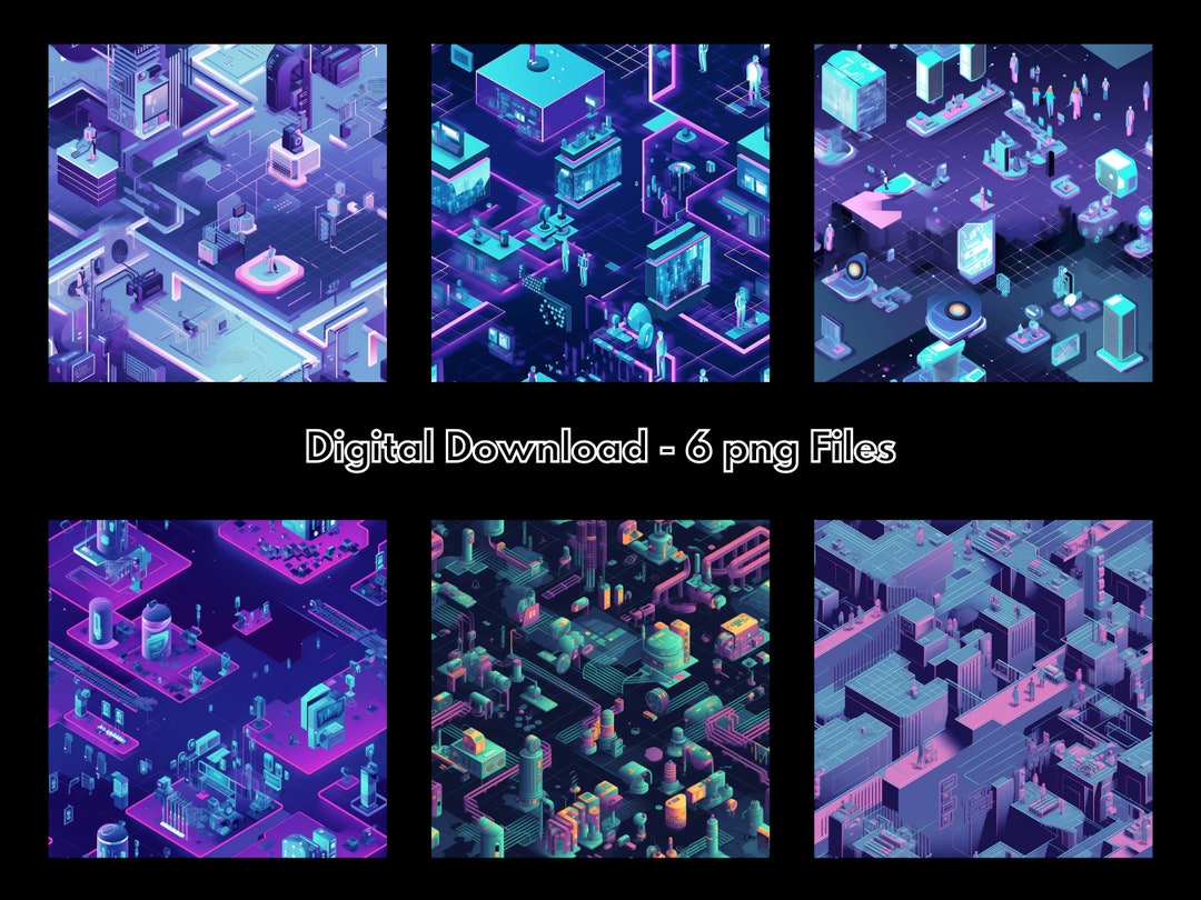 6 Futuristic Seamless Patterns - 32-bit Isometrics - Commercial Use ...