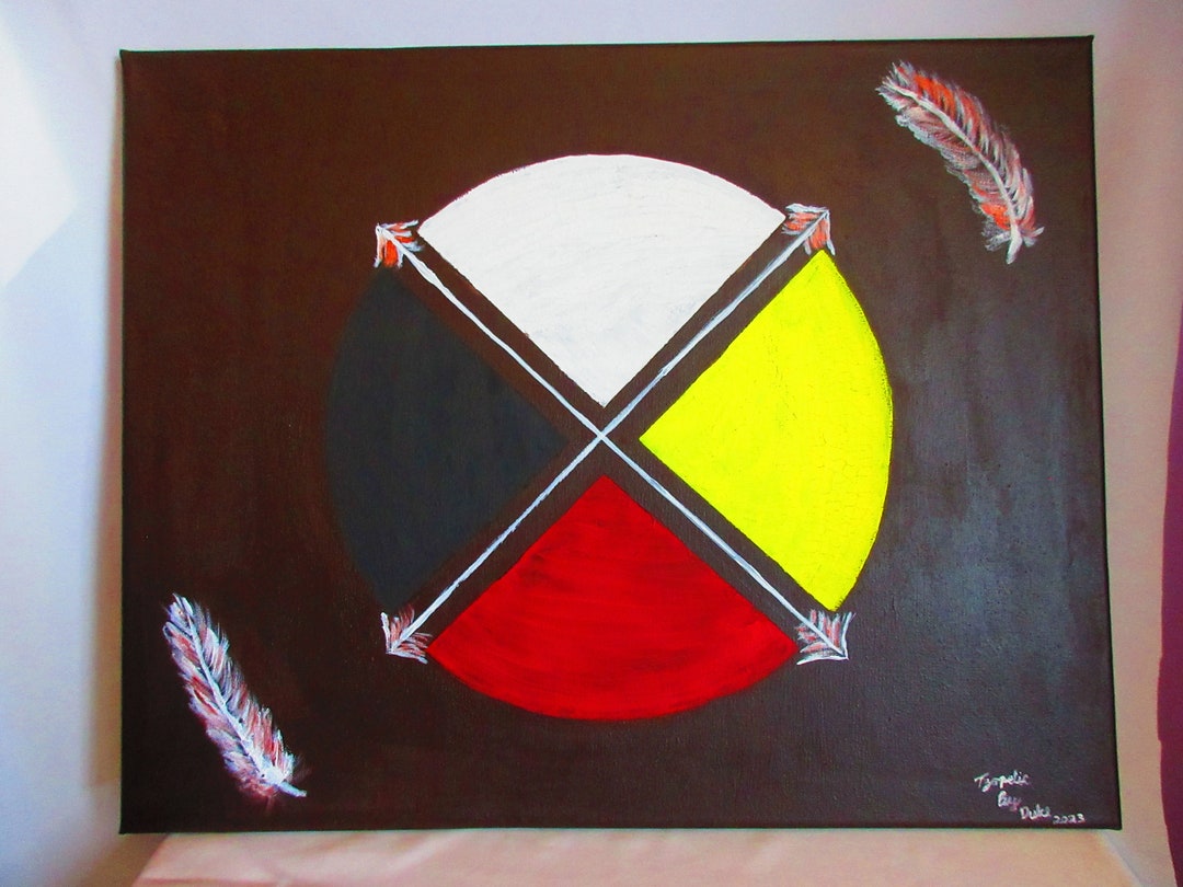 Four Directions Painting With Feathers on 16" X 20" Canvas, Acrylic ...