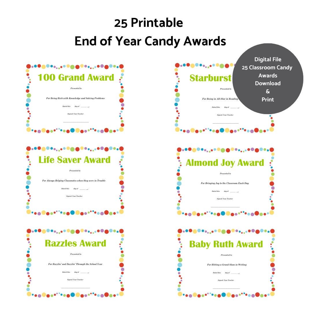End of Year Printable Classroom Candy Awards, Printable, Student Gifts ...