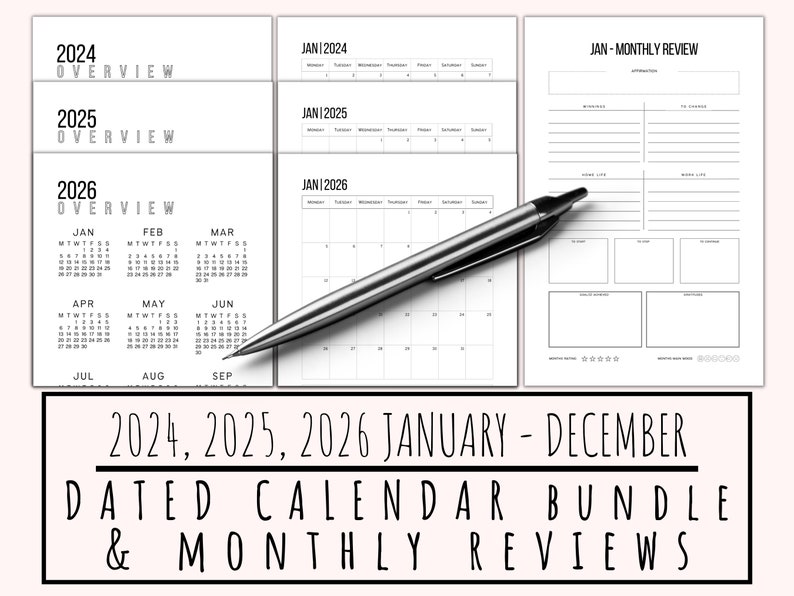 2024 2025 2026 Dated Monthly Calendar Bundle, Overview, Review, Jan-dec ...